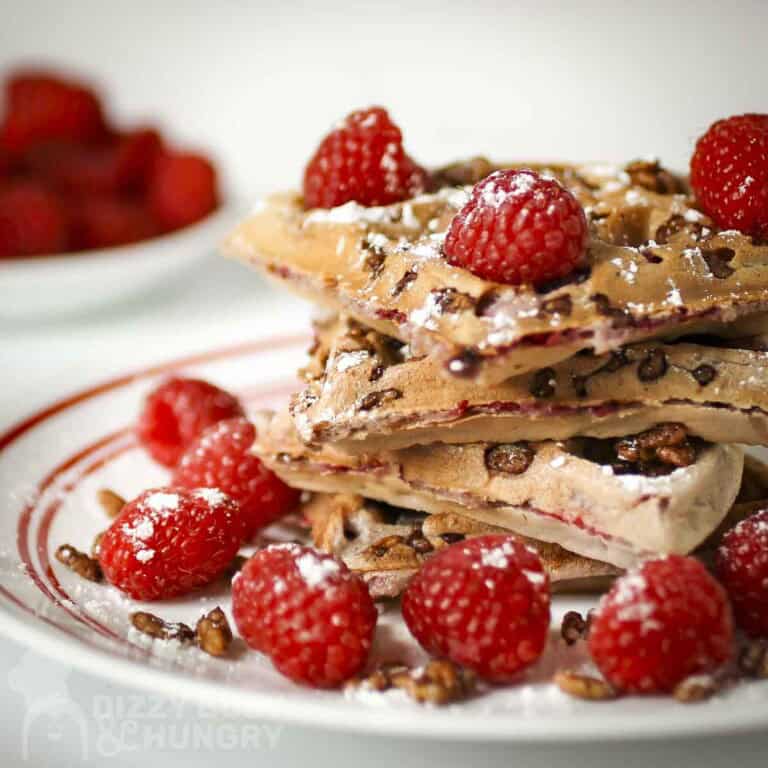 Whole Wheat Waffles with Raspberries and Chocolate Krispies - Dizzy ...